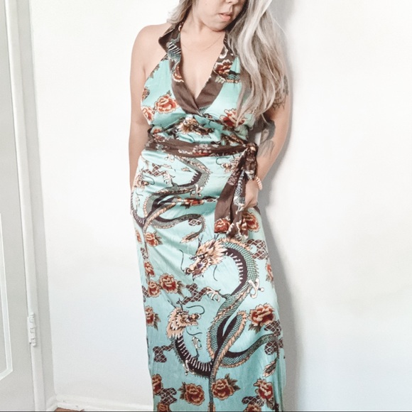 Harari | Dresses | Harari Vintage Y2k 0 Silk Asian Jade Dragon Print ...